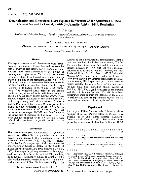 (PDF) Determination and restrained least-squares refinement of the structures of ribonuclease Sa ...