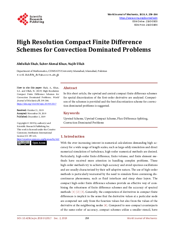 Pdf High Resolution Compact Finite Difference Schemes For Convection Dominated Problems
