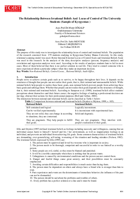 (PDF) The Relationship Between Irrational Beliefs And Locus of Control of The University