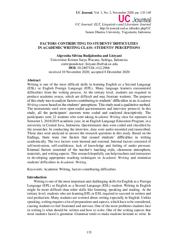 (PDF) Factors Contributing to Students’ Difficulties in Academic ...