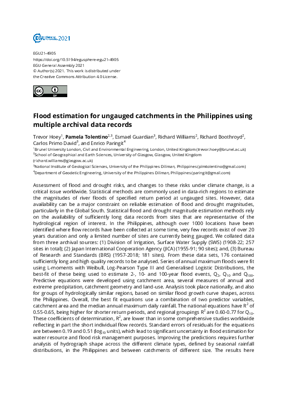 (PDF) Flood estimation for ungauged catchments in the Philippines using multiple archival data ...