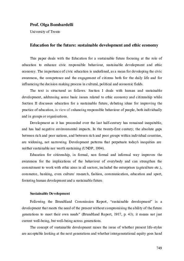 (PDF) Education for the future: sustainable development and ethic economy
