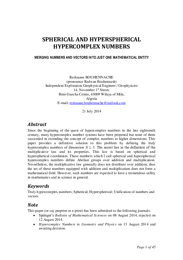 (PDF) Spherical and Hyperspherical Hypercomplex Numbers: Merging Numbers and Vectors into Just ...
