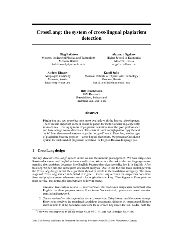 (PDF) CrossLang: the system of cross-lingual plagiarism detection