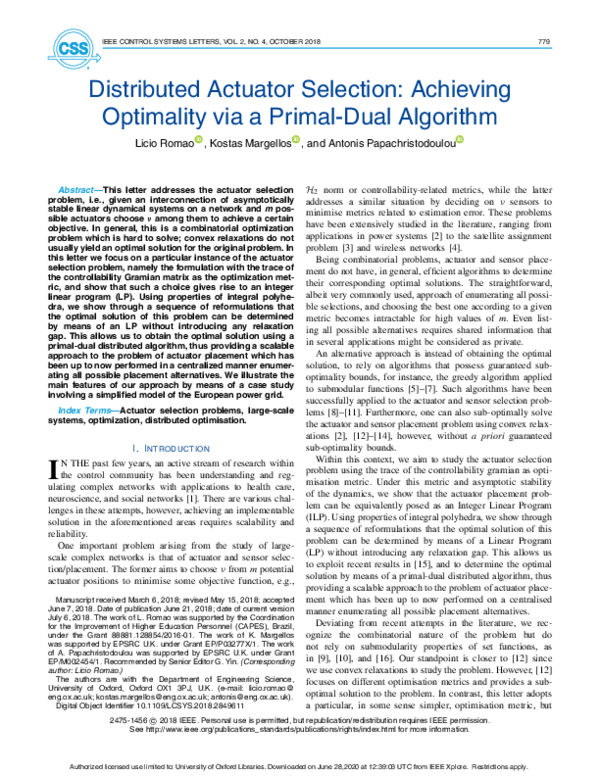 (PDF) Distributed Actuator Selection: Achieving Optimality via a Primal-Dual Algorithm