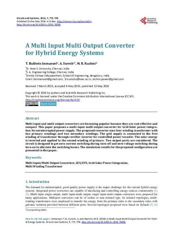 Pdf A Multi Input Multi Output Converter For Hybrid Energy Systems Teddy Immanuel