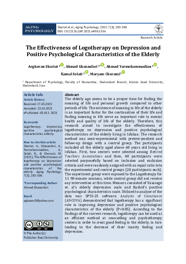 (PDF) The Effectiveness of Logotherapy on Depression and Positive ...