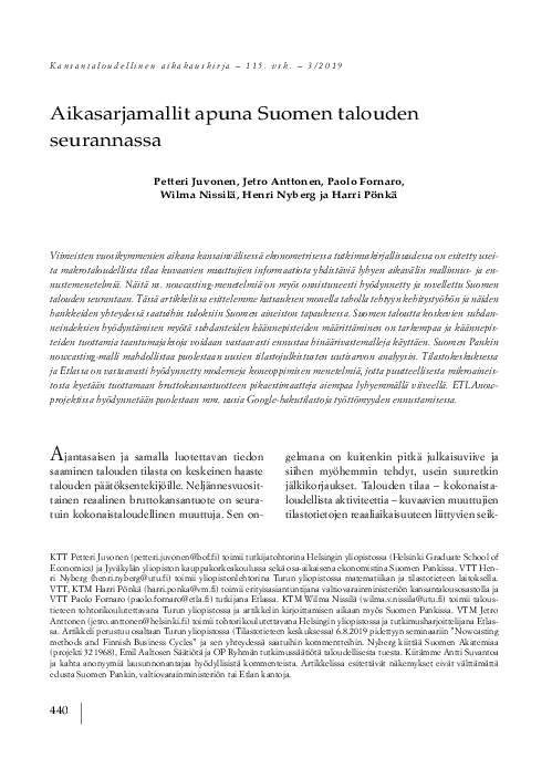 (PDF) Aikasarjamallit apuna Suomen talouden seurannassa
