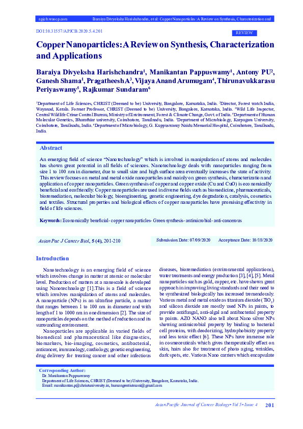 (PDF) Copper Nanoparticles: A Review on Synthesis, Characterization and Applications