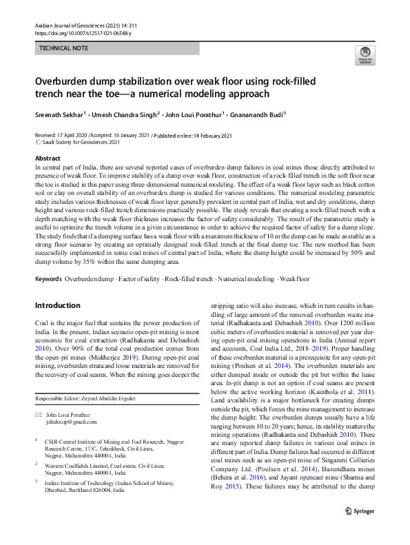 (PDF) Overburden dump stabilization over weak floor using rock-filled ...