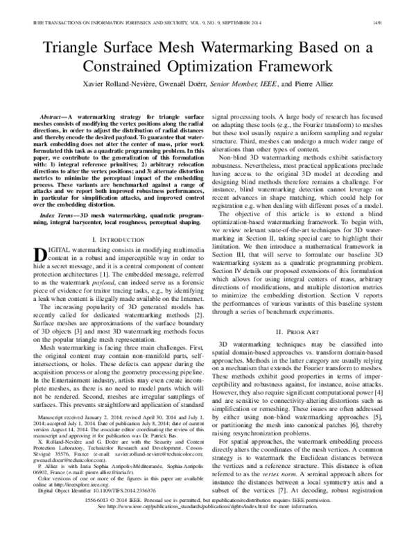 Pdf Triangle Surface Mesh Watermarking Based On A Constrained
