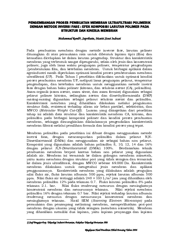 (PDF) Pengembangan proses pembuatan membran ultrafiltrasi polimerik dengan metode inversi fase ...