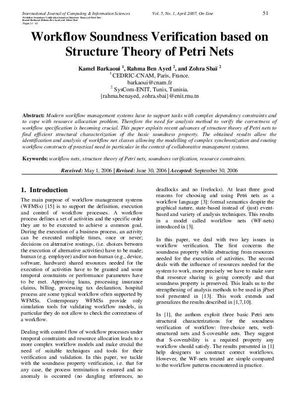 (PDF) Workflow Soundness Verification based on Structure Theory of Petri Nets