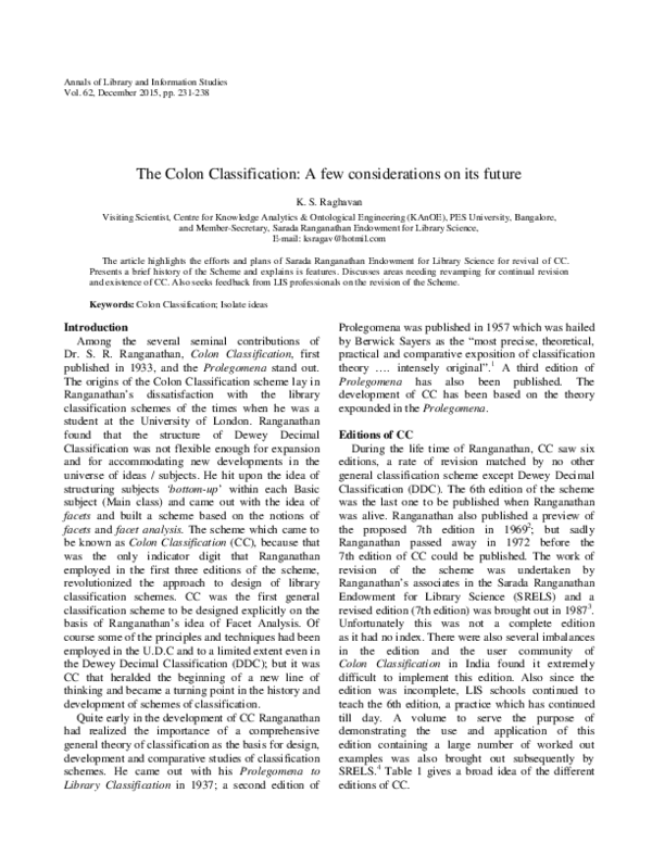 (PDF) The Colon Classification: A few considerations on its future