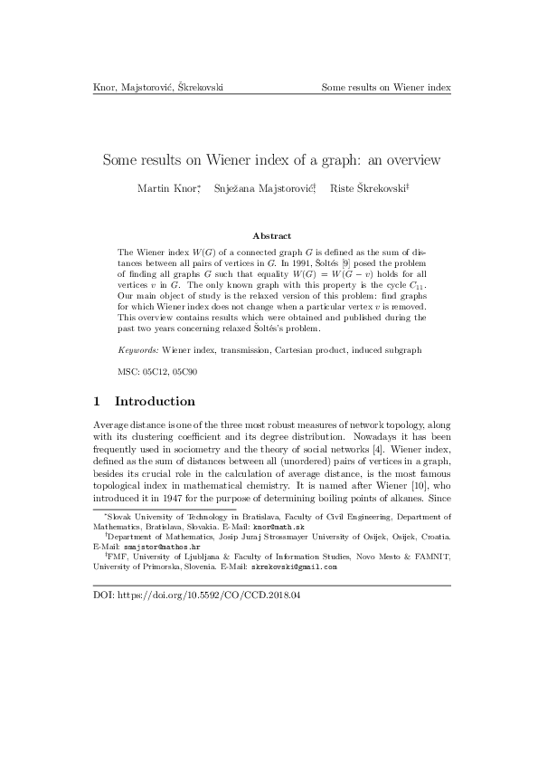 (PDF) Some results on Wiener index of a graph: an overview
