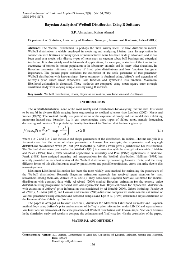 (PDF) Bayesian Analysis of Weibull Distribution Using R Software