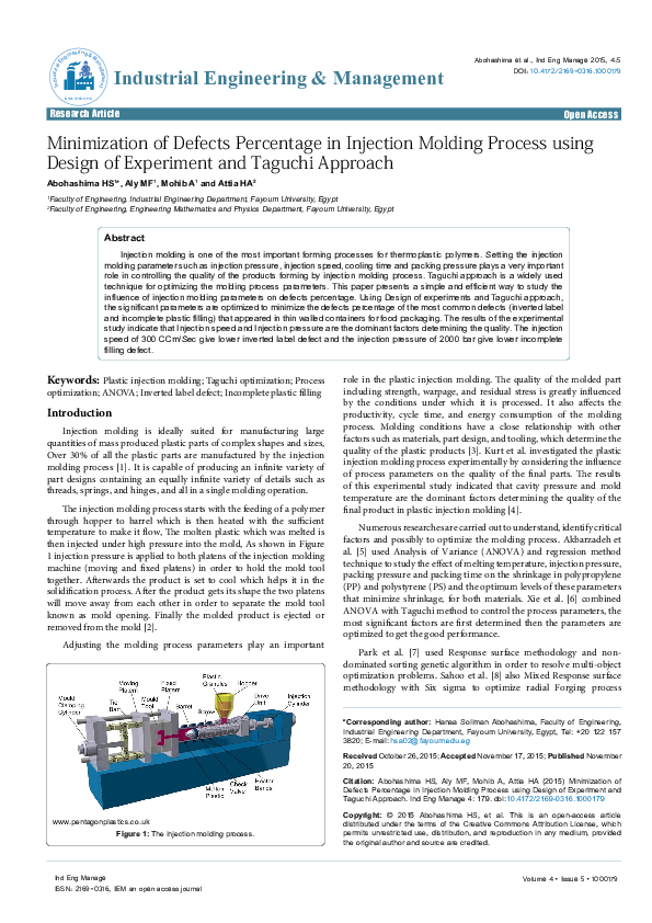 Pdf Minimization Of Defects Percentage In Injection Molding Process Usingdesign Of Experiment