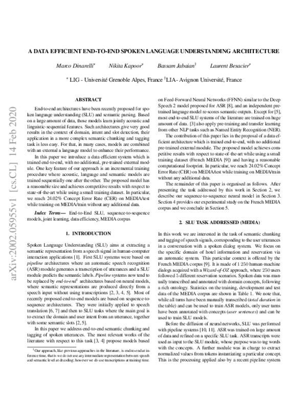 (PDF) A Data Efficient End-to-End Spoken Language Understanding Architecture