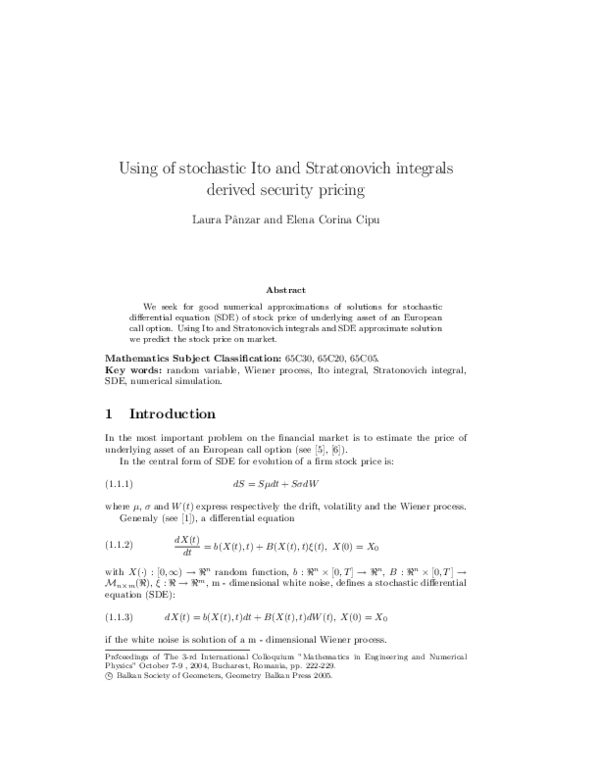 Pdf Using Of Stochastic Ito And Stratonovich Integrals Derived Security Pricing Corina Cipu