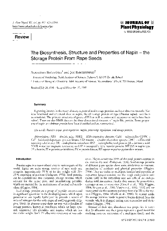 (PDF) The Biosynthesis, Structure and Properties of Napin - the Storage ...