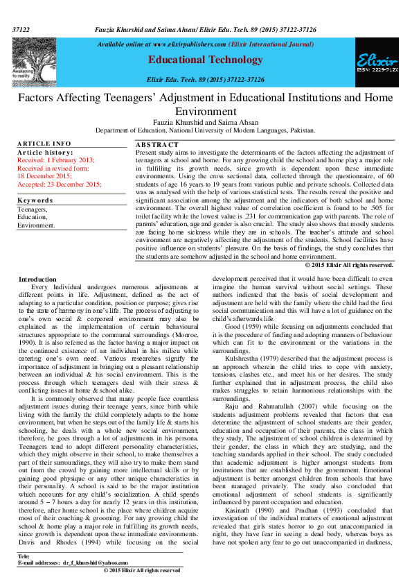 (PDF) Factors Affecting Teenagers ’ Adjustment in Educational Institutions and Home Environment