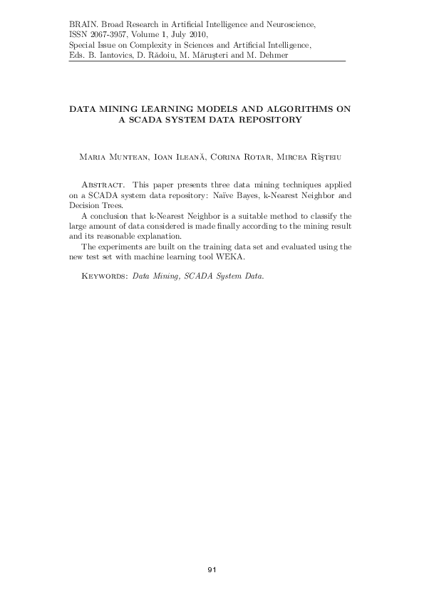 Pdf Data Mining Learning Models And Algorithms On A Scada System Data Repository Ioan Ileana