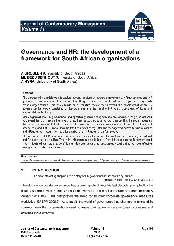 (PDF) Governance and HR : the development of a framework for South ...