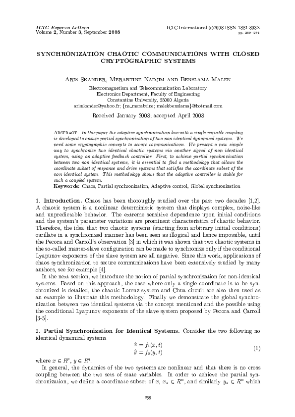 (PDF) Synchronization Chaotic Communications with Closed Cryptographic Systems