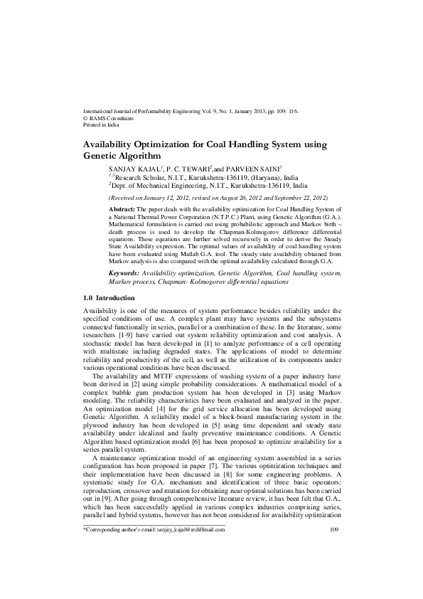 (PDF) Availability Optimization for Coal Handling System using Genetic Algorithm