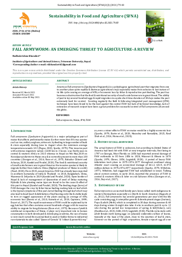 (PDF) Fall Armyworm: An Emerging Threat to Agriculture-A Review