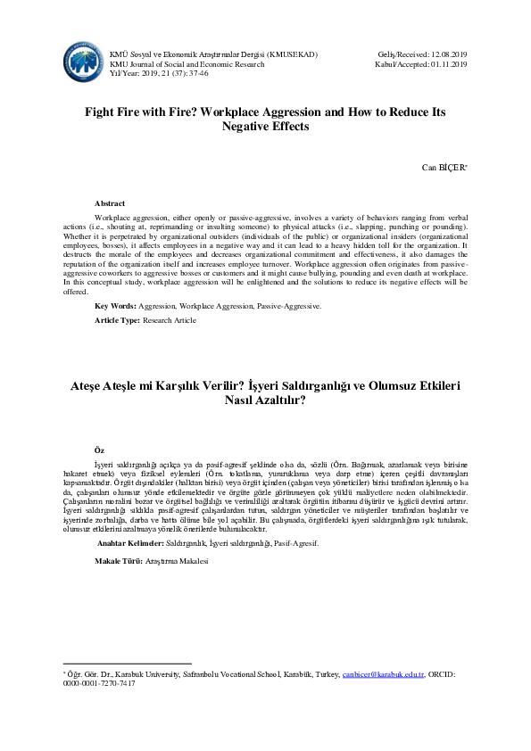 (PDF) Fight Fire with Fire? Workplace Aggression and How to Reduce Its ...