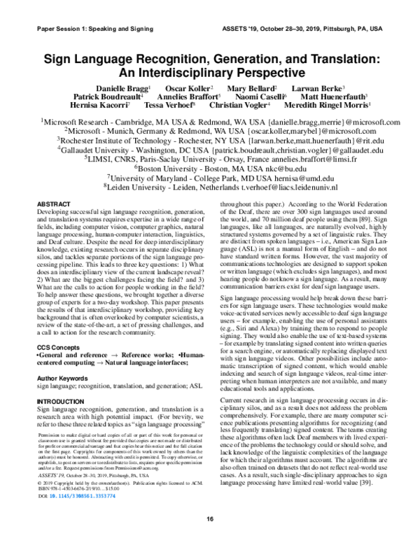 (PDF) Sign Language Recognition, Generation, and Translation