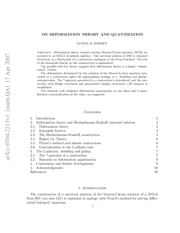 (PDF) On Deformation Theory and Quantization | Lucian M Ionescu - Academia.edu