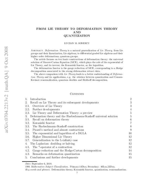 (PDF) From Lie Theory to Deformation Theory and Quantization