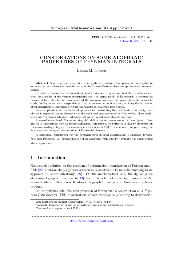 Pdf Considerations On Some Algebraic Properties Of Feynman Integrals