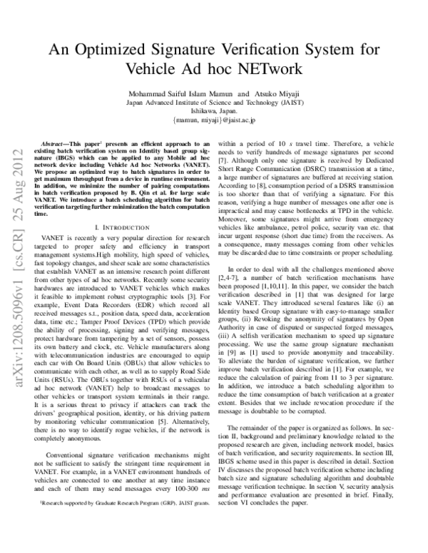 An Optimized Signature Verification System for Vehicle Ad hoc NETwork