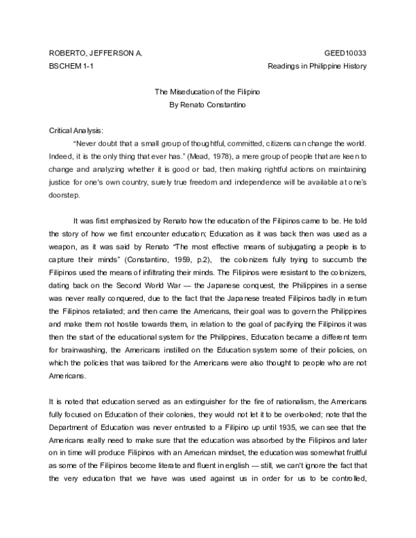 (PDF) The Miseducation of the Filipino by Renato Constantino