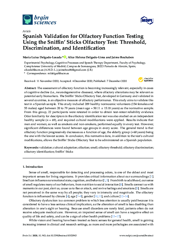 (PDF) Spanish Validation for Olfactory Function Testing Using the ...