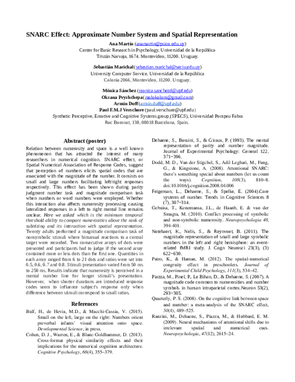 (PDF) SNARC Effect : Approximate Number System and Spatial Representation