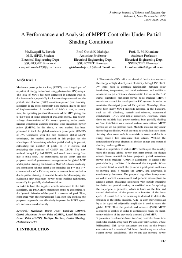 Pdf A Performance And Analysis Of Mppt Controller Under Partial