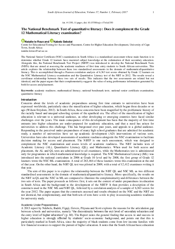 (PDF) The National Benchmark Test of quantitative literacy: Does it ...