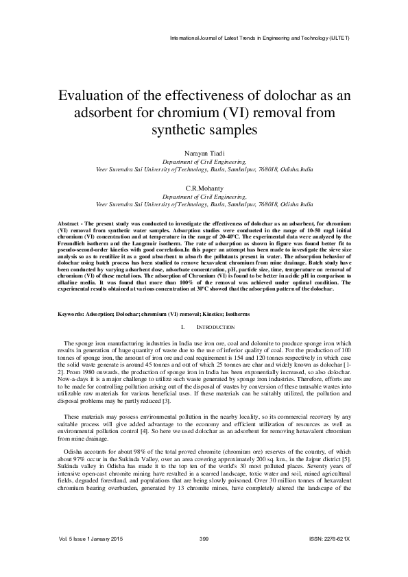 (PDF) Evaluation of the effectiveness of dolochar as an adsorbent for ...