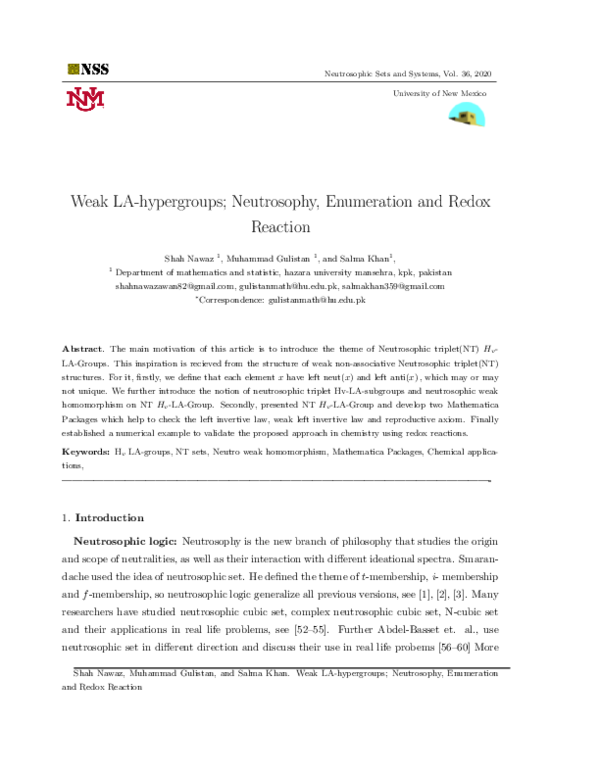 (PDF) Weak LA-hypergroups; Neutrosophy, Enumeration and Redox Reaction