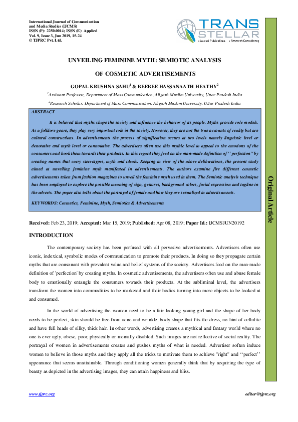 (PDF) Unveiling Feminine Myth, Semiotic Analysis of Cosmetic Advertisements