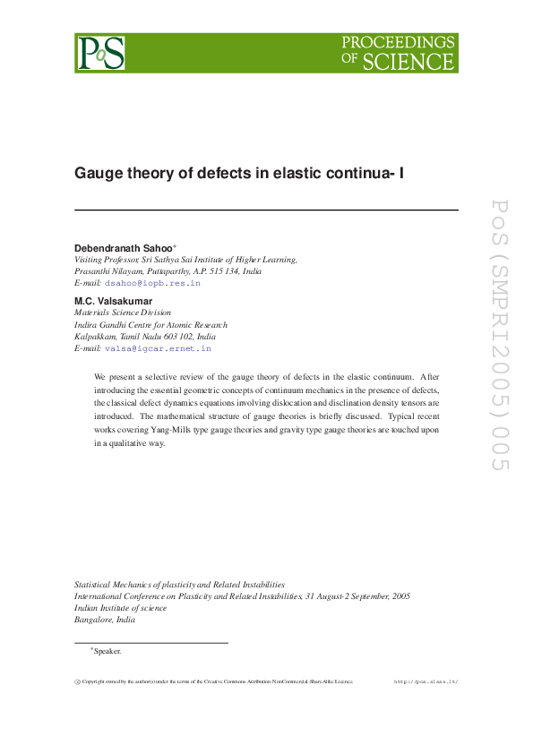 (PDF) Gauge theory of defects in elastic continua- I
