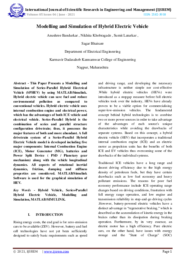 (PDF) Modelling and Simulation of Hybrid Electric Vehicle