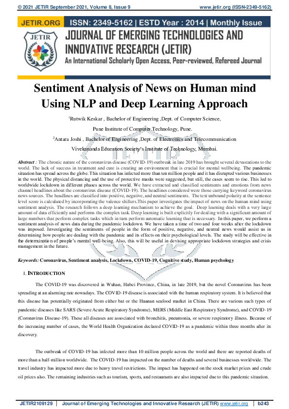 (PDF) Sentiment Analysis of News on Human mind Using NLP and Deep Learning Approach