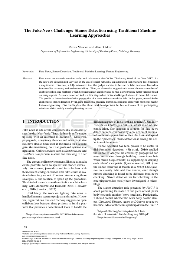 Pdf The Fake News Challenge Stance Detection Using Traditional