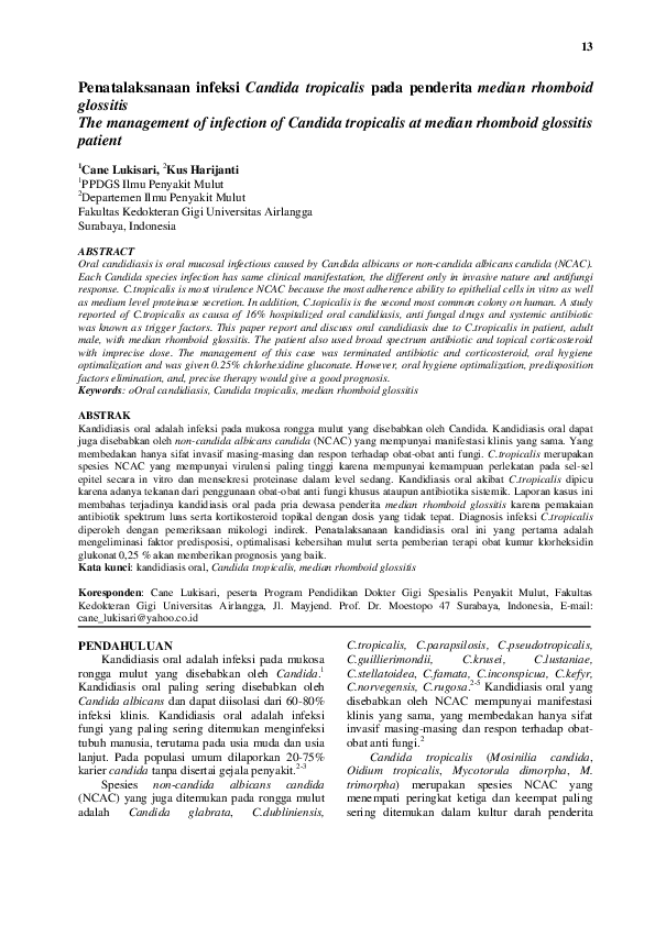 (PDF) Penatalaksanaan infeksi Candida tropicalis pada penderita median ...