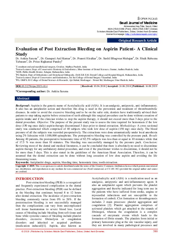 (PDF) Evaluation of Post Extraction Bleeding on Aspirin Patient- A ...